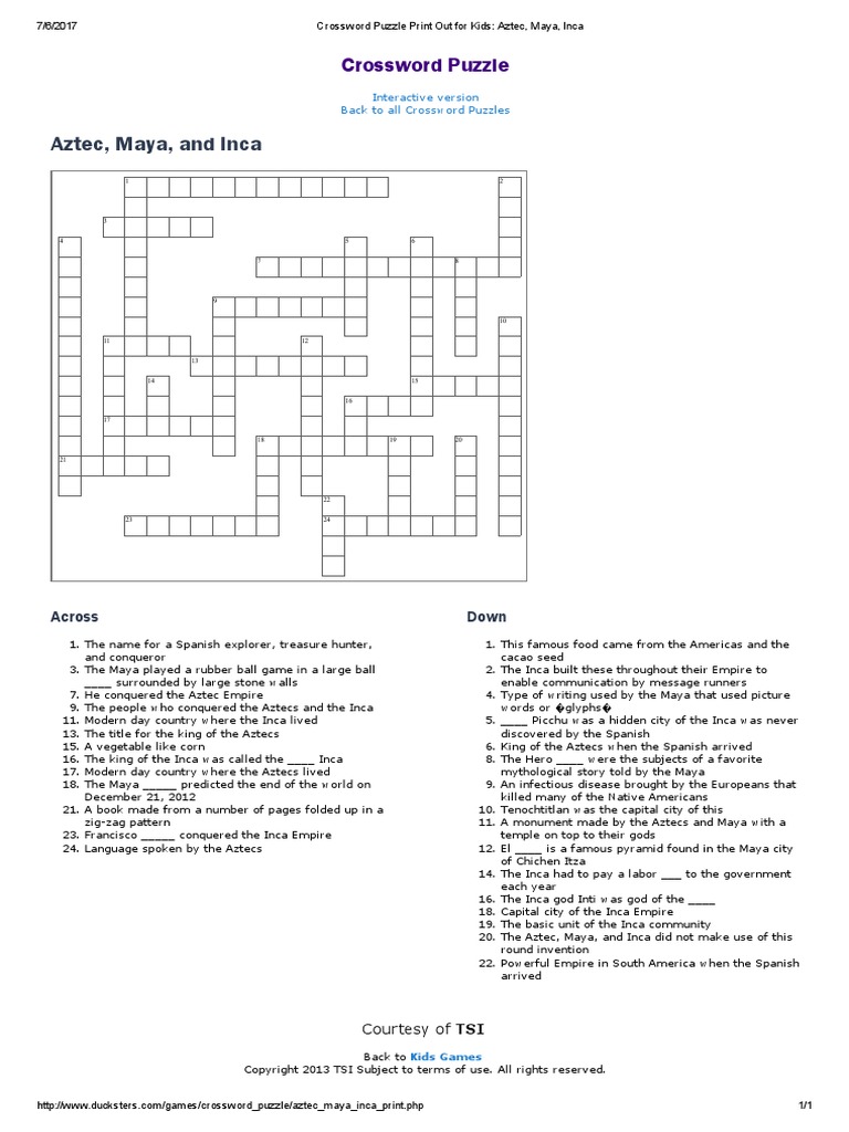 Crossword Puzzle Print Out For Kids - Aztec, Maya, Inca | PDF | Maya ...
