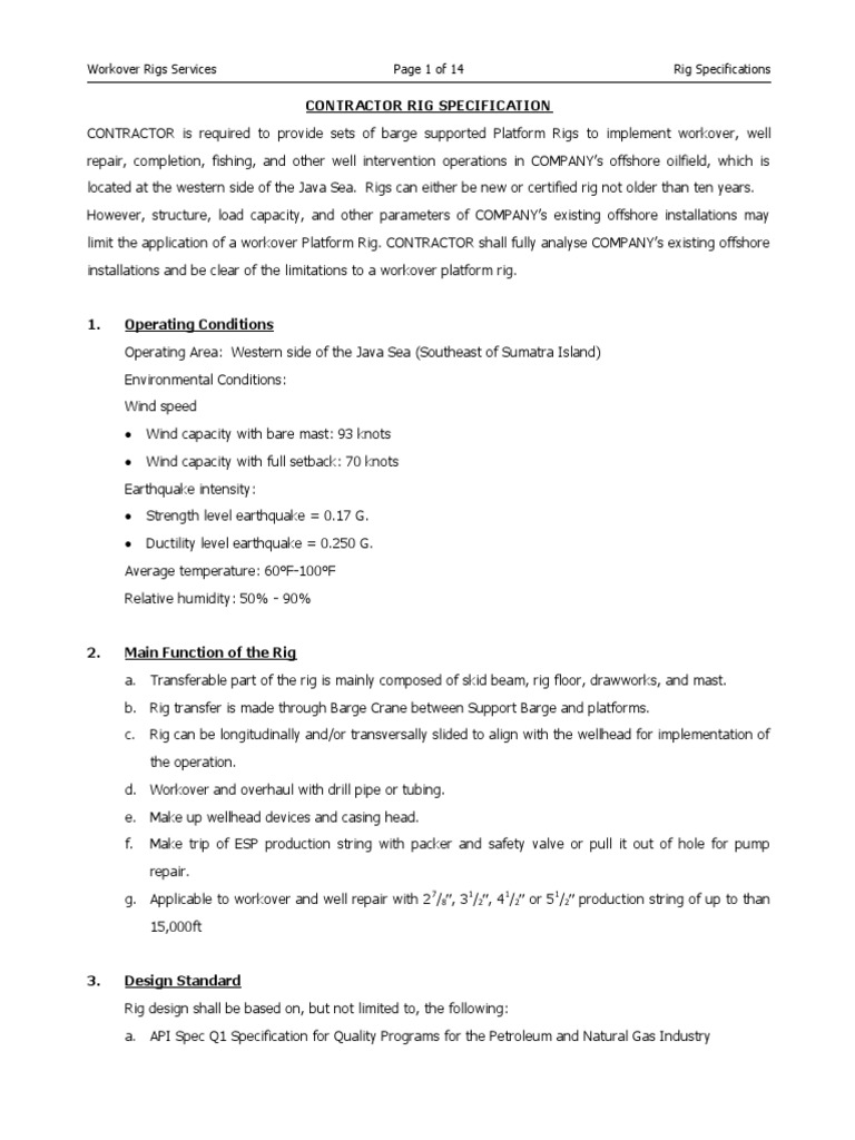 Rig Specification Rev1 | PDF | Drilling Rig | Pump