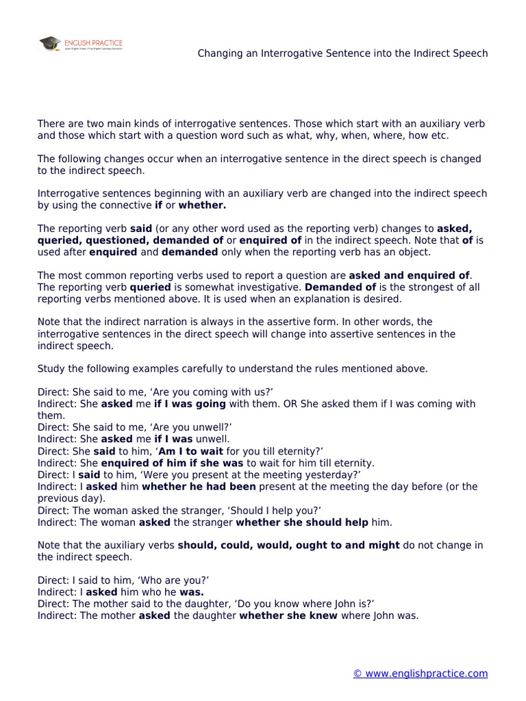 Changing An Interrogative Sentence Into The Indirect Speech | PDF ...