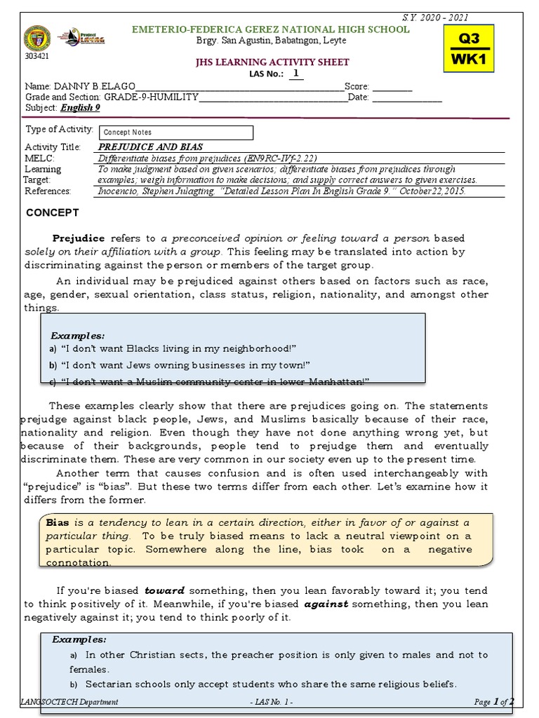 Danny English 9 Q3 Las 1 Week 1 | PDF | Prejudices | Bias
