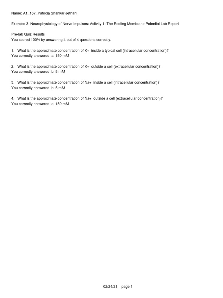 PhysioEX Exercise 3 Activity 1 | PDF | Membrane Potential | Cell Membrane