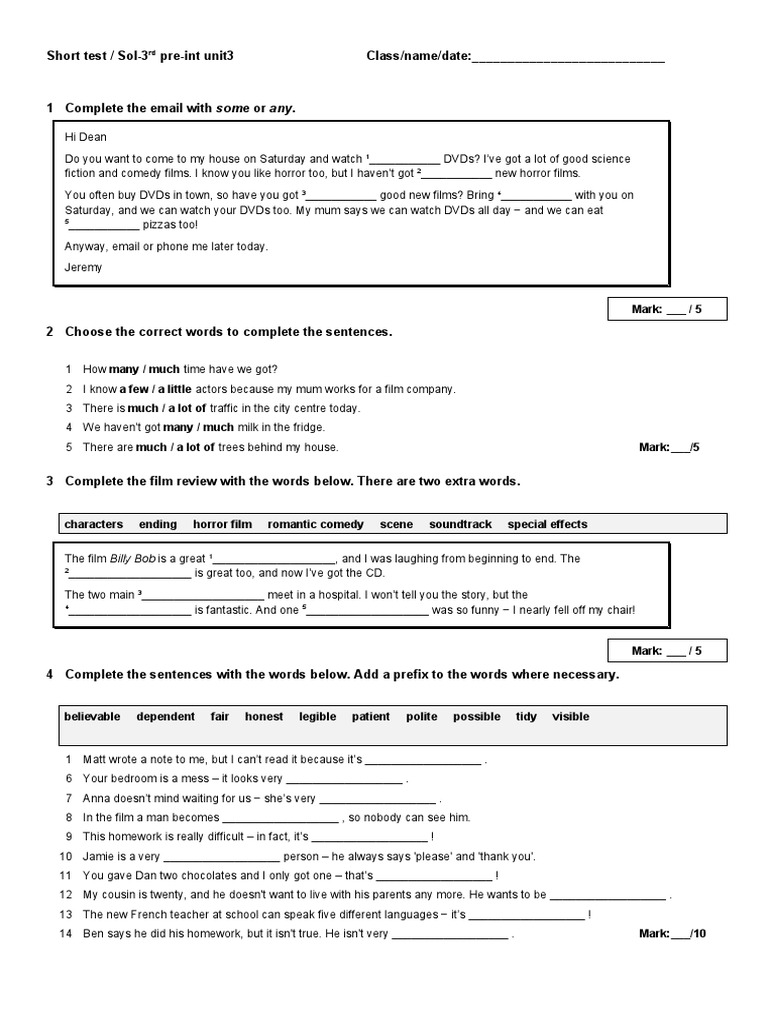 Unit 3 Pre-Int Short Test | PDF
