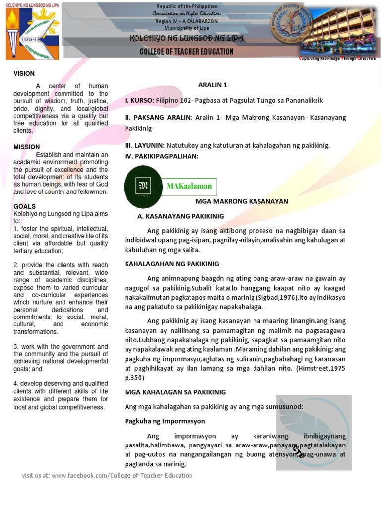 FILIPINO 102 - Lesson 1: Pakikinig | PDF