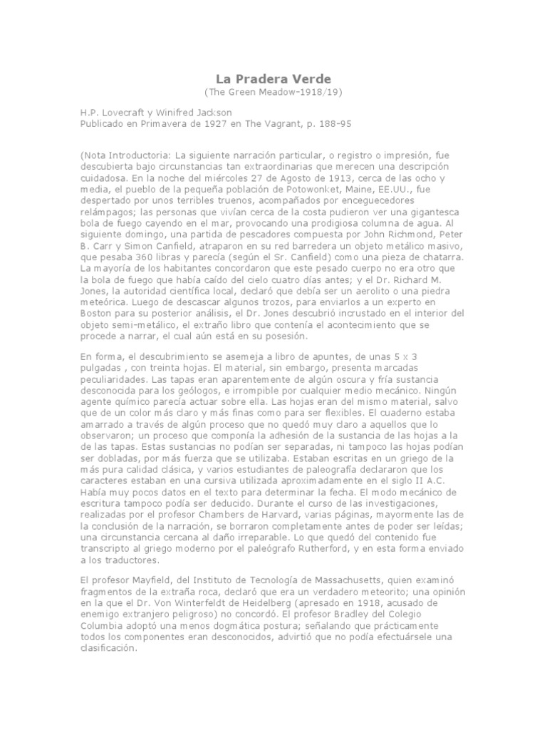 Howard P. Lovecraft & Winifred Jackson - La Pradera Verde (1 | PDF ...