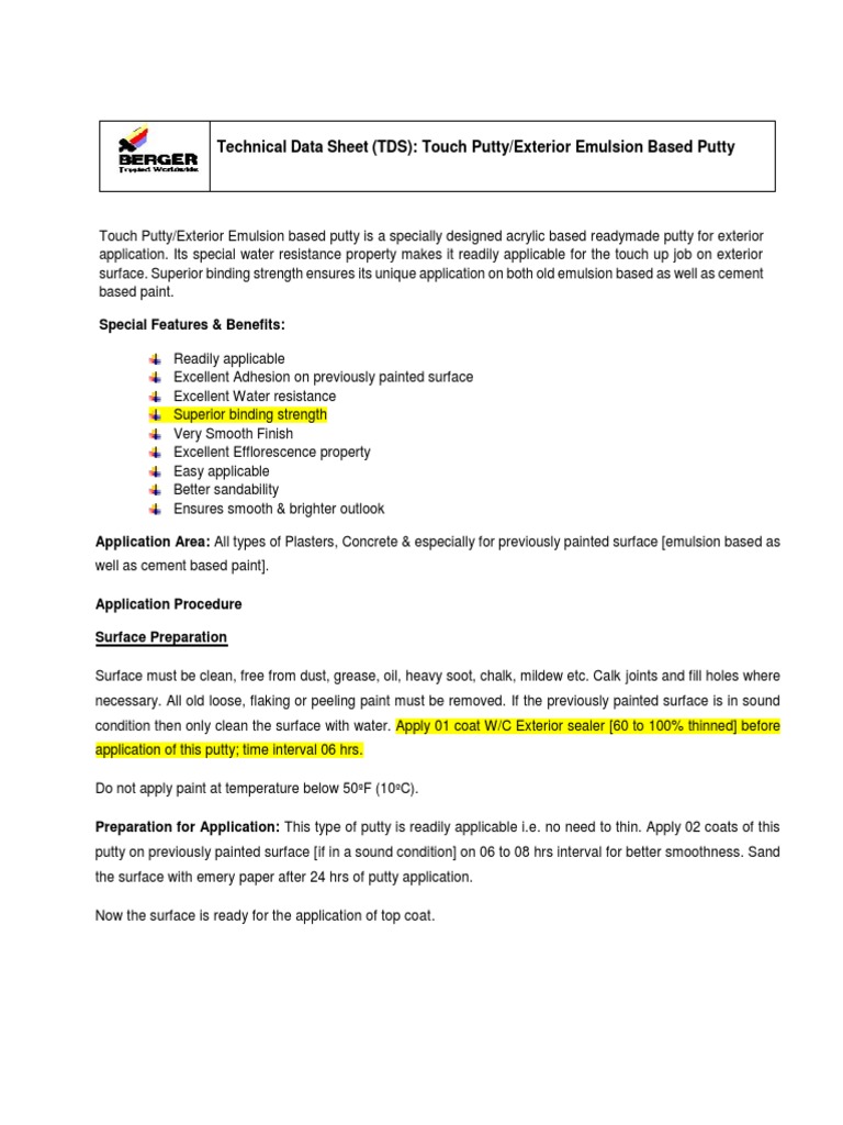 Technical Data Sheet (TDS) : Touch Putty/Exterior Emulsion Based Putty ...