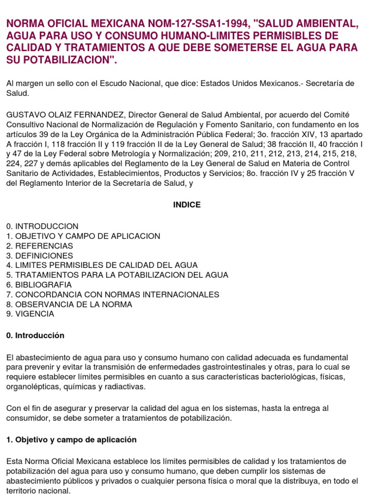 Nom 127 Ssa1 1994 | PDF | Agua potable | Calidad del agua