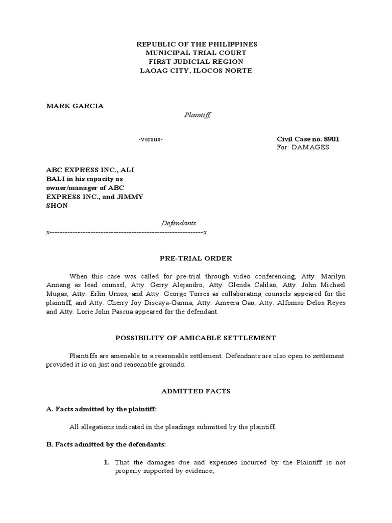 Pre Trial Order 1 1 | PDF | Negligence | Damages