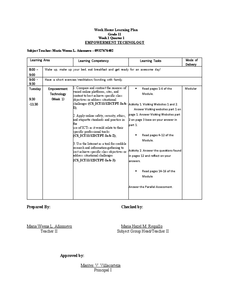 Week Home Learning Plan - Week 1-3 - Emtech | PDF | Educational Technology | Teachers