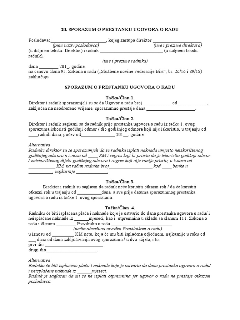 Sporazum o Prestanku Ugovora o Radu | PDF