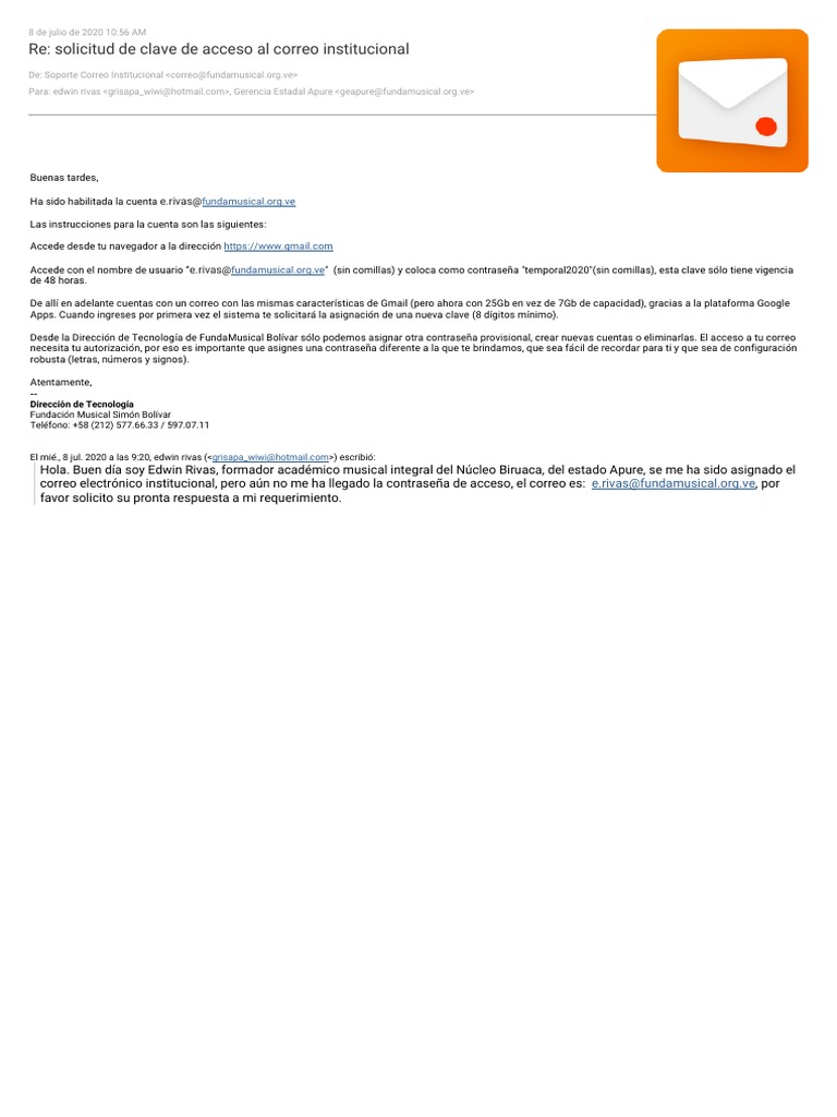 Email App - Re Solicitud de Clave de Acceso Al Correo Institucional | PDF