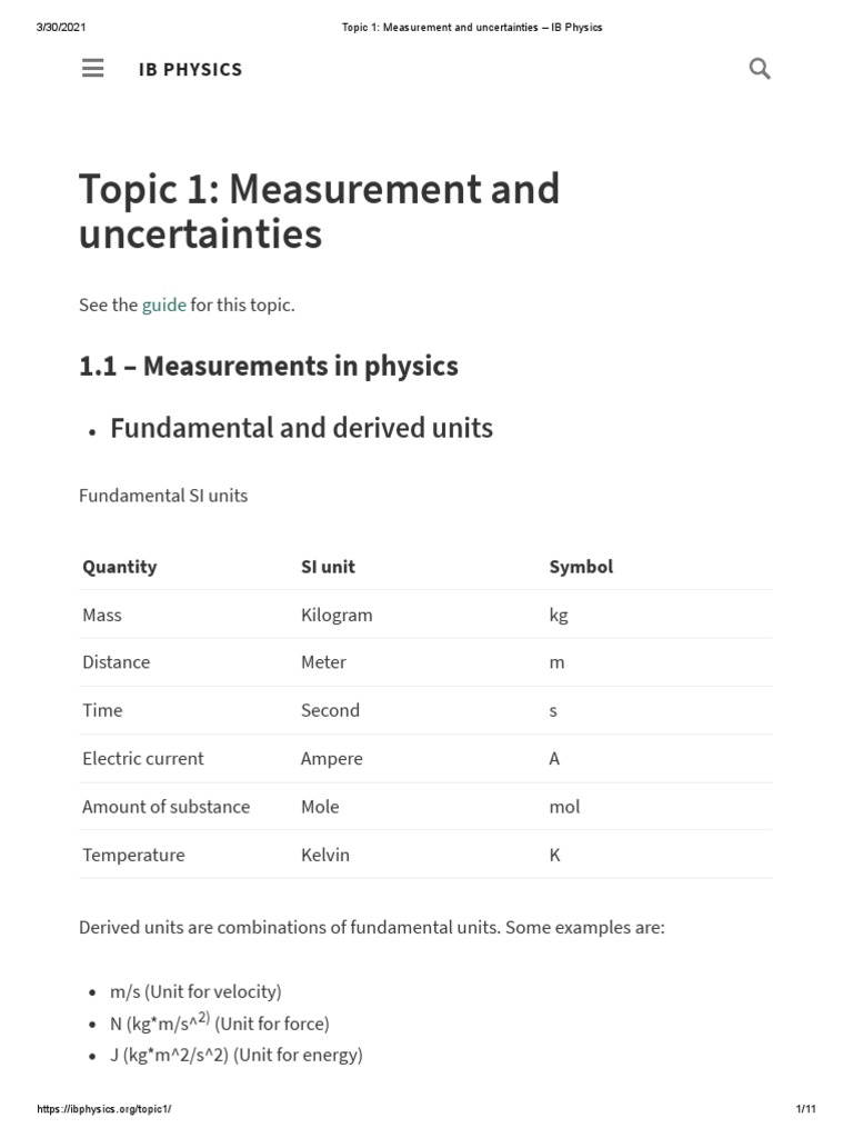Topic 1 - Measurement and Uncertainties - IB Physics | PDF ...