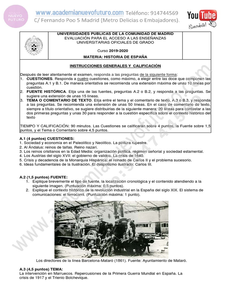 Examen Historia de Espana Selectividad Madrid Julio 2020 Enunciado ...
