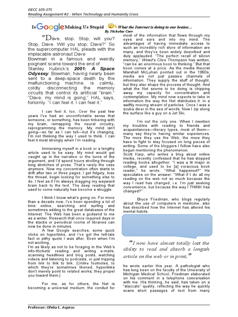 IS GOOGLE MAkING US STUPID READING | PDF | Psychology | World Wide Web