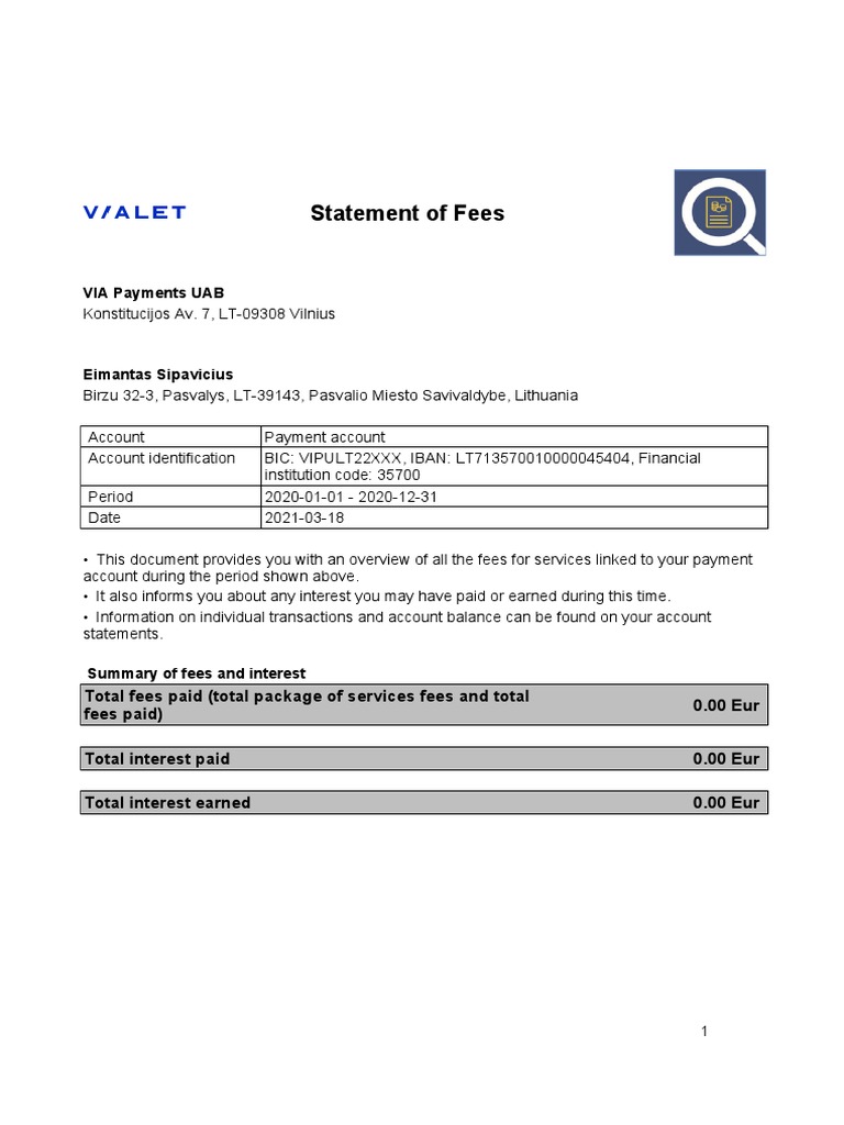 Statement of Fees - LT713570010000045404 | PDF | Payments | Euro