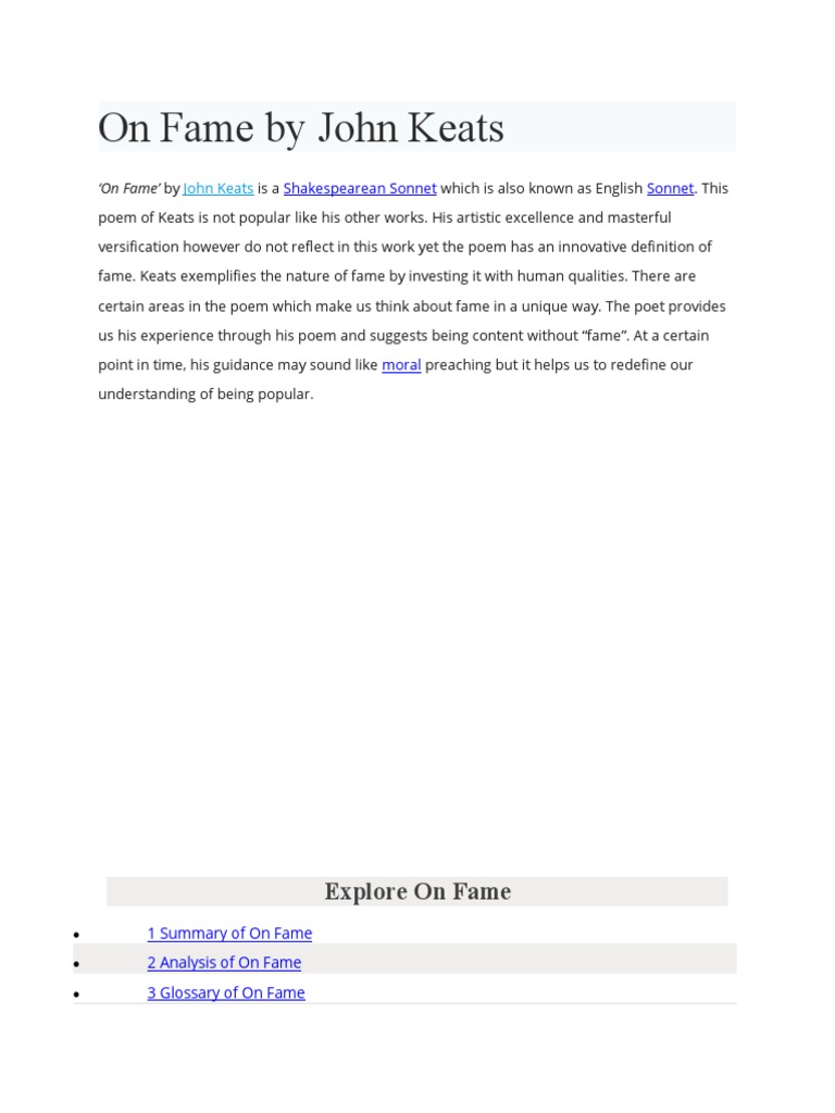 On Fame Poem | PDF | Sonnets | Poetry