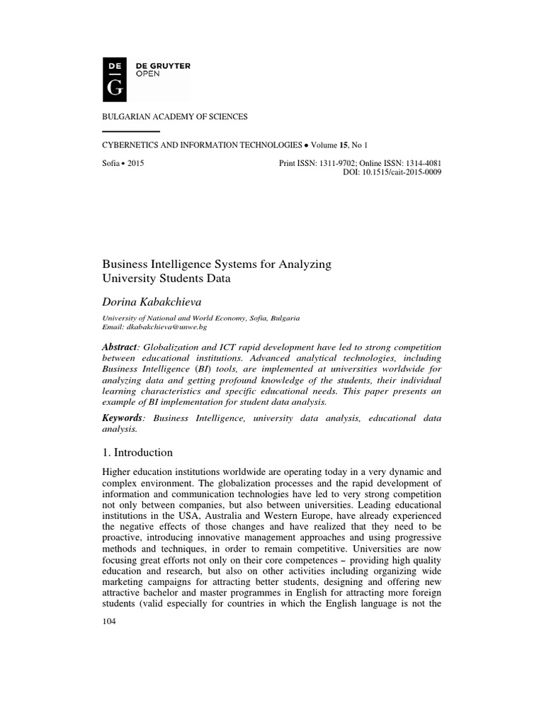 13144081 Cybernetics And Information Technologies Business Intelligence Systems For 