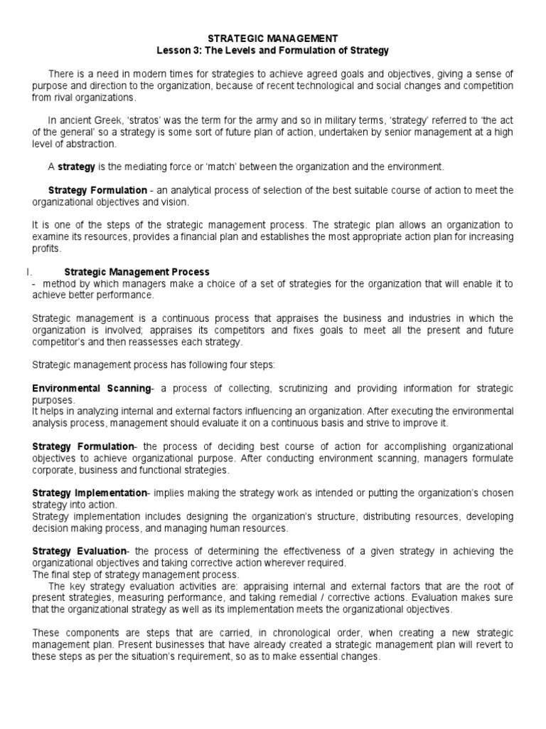 Lesson 3 - The Levels and Formulation of Strategy - LECTURE NOTES | PDF ...