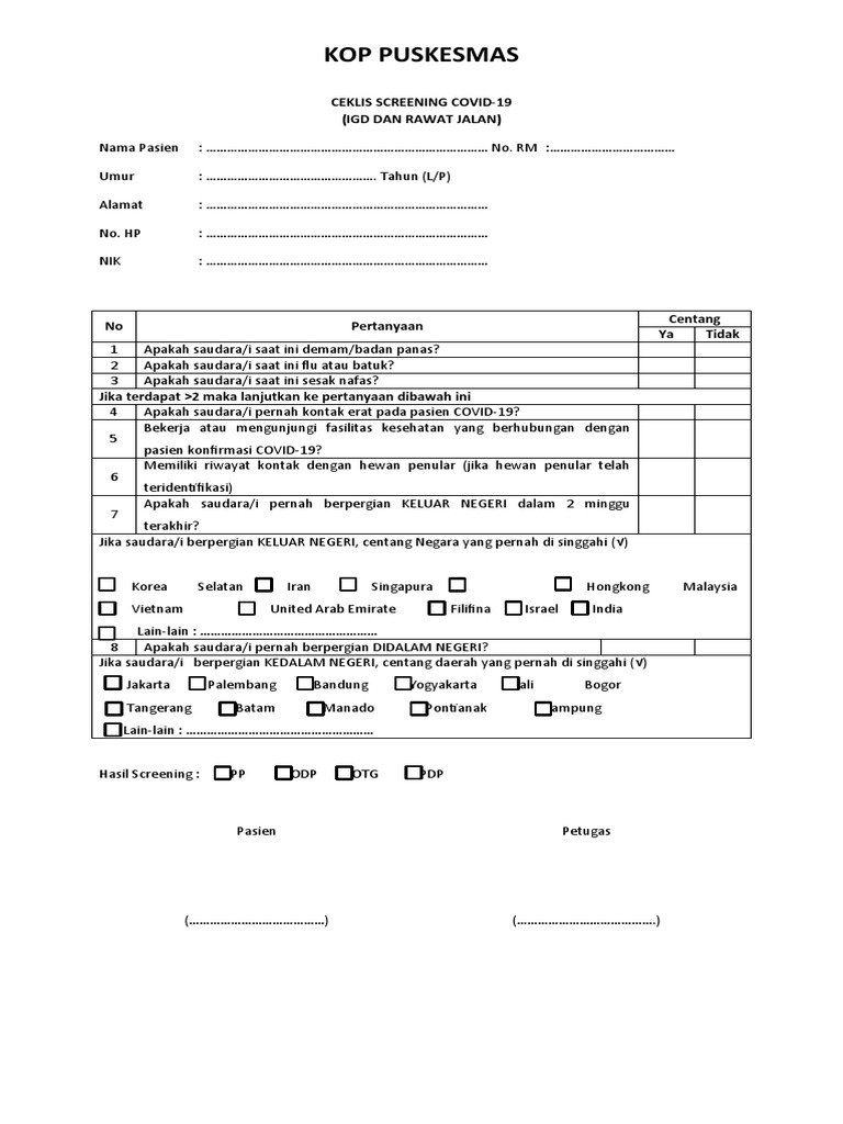 Blangko Ceklis Skrining Untuk Penentuan Status Pada Pasien | PDF