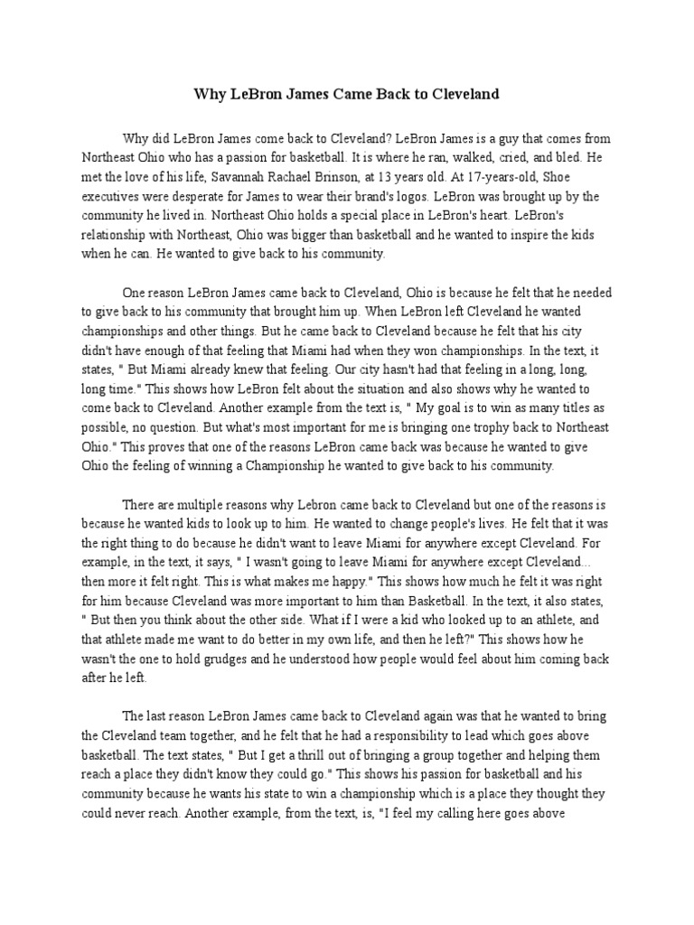 Essay - Why LeBron James Came Back To Cleveland | PDF | Le Bron James ...