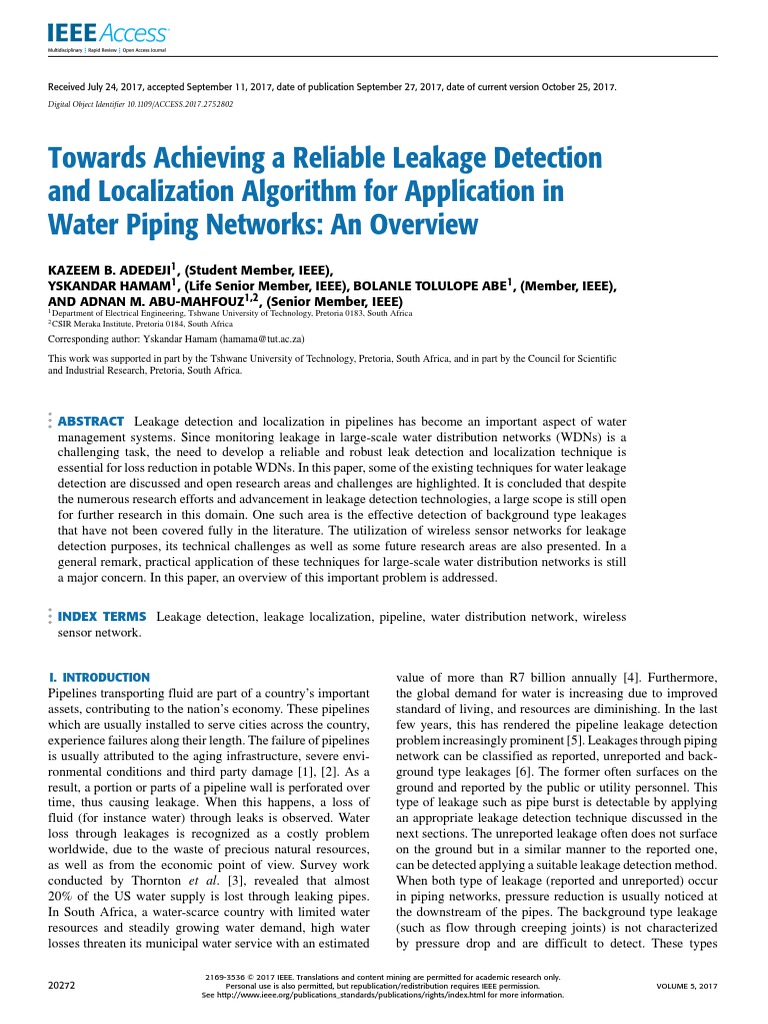 An Overview Of Leakage Detection And Localization Techniques For Water Piping Networks Current