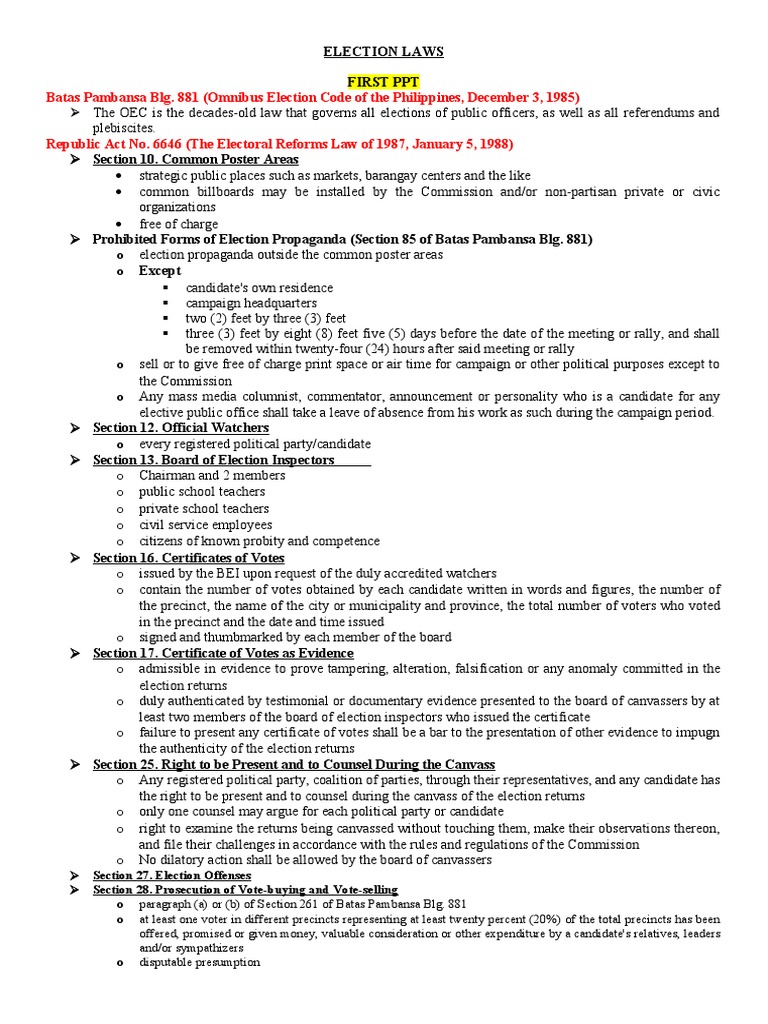 Batas Pambansa Blg. 881 (Omnibus Election Code of The Philippines ...