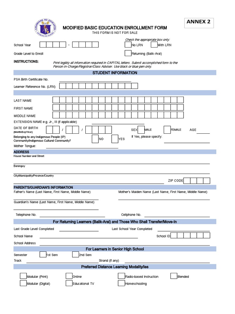 Annex 2: Modified Basic Education Enrollment Form | PDF | Learning ...