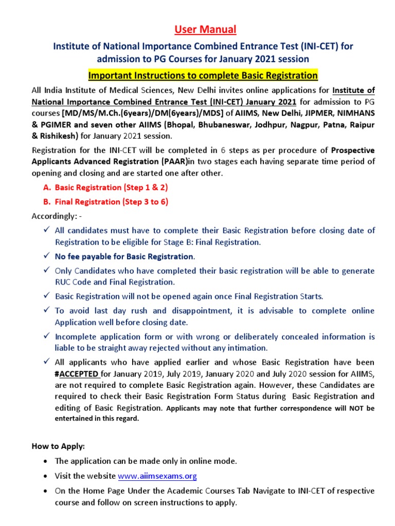 INI-CET Basic Registration User Manual | PDF | Computing | Cyberspace