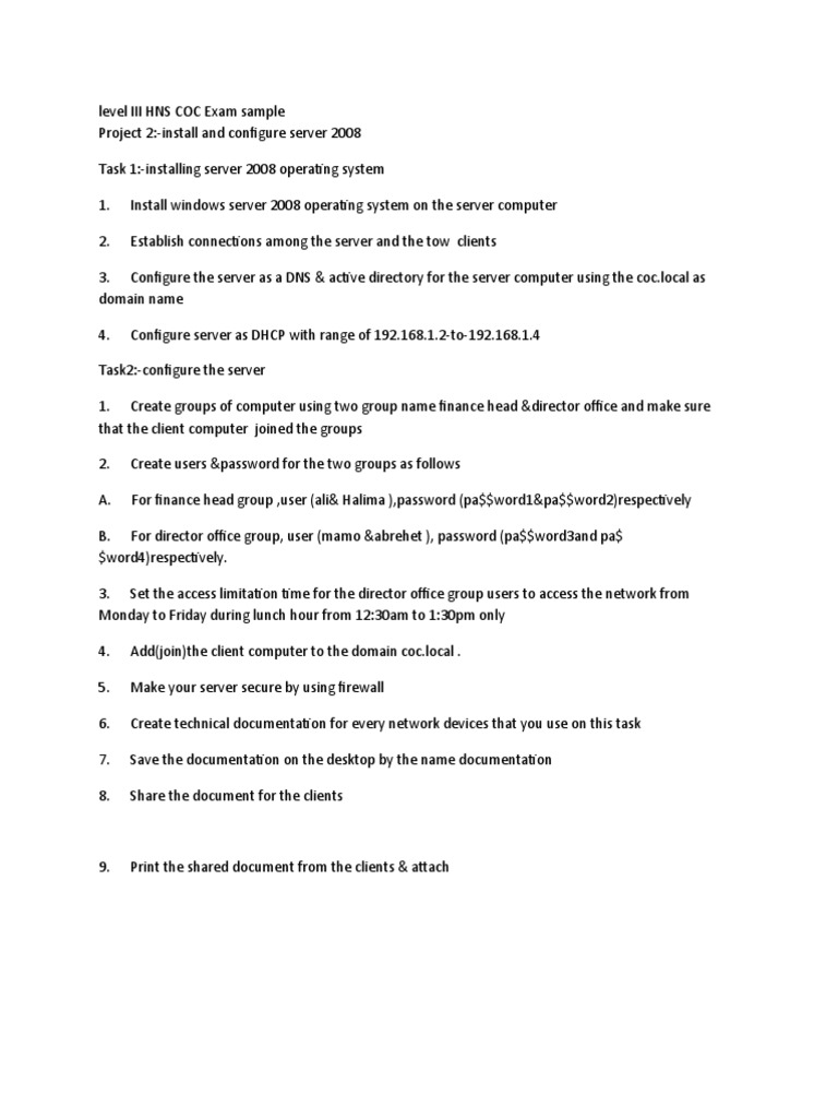 Level III HNS COC Exam Sample Project 2 | PDF