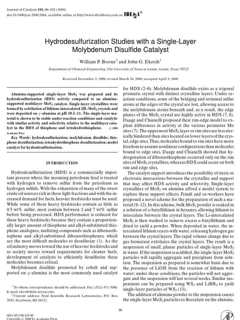 Hydrodesulfurization Studies With A Single-Layer Molybdenum Disulfide ...