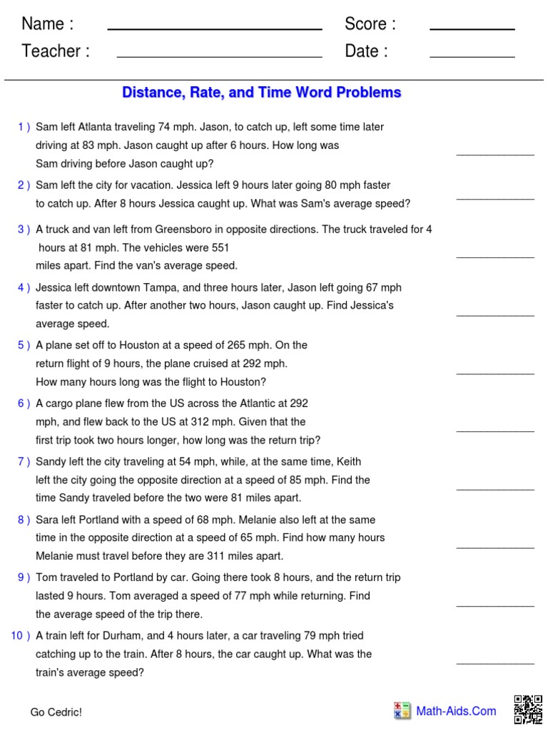 Name: Teacher: Date: Score:: Distance, Rate, and Time Word Problems ...