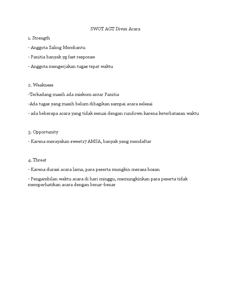 SWOT AGT Divisi Acara | PDF