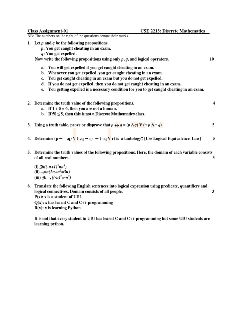 Class Assignment-01 CSE 2213: Discrete Mathematics | PDF
