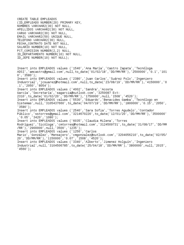 Script Create Table Empleados e Insert Into | PDF