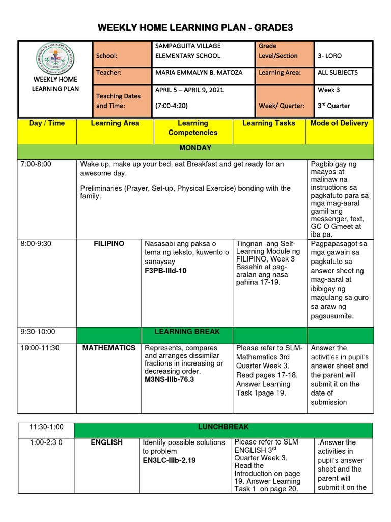 Weekly Home Learning Plan - Grade3: Day / Time Learning Area Learning ...