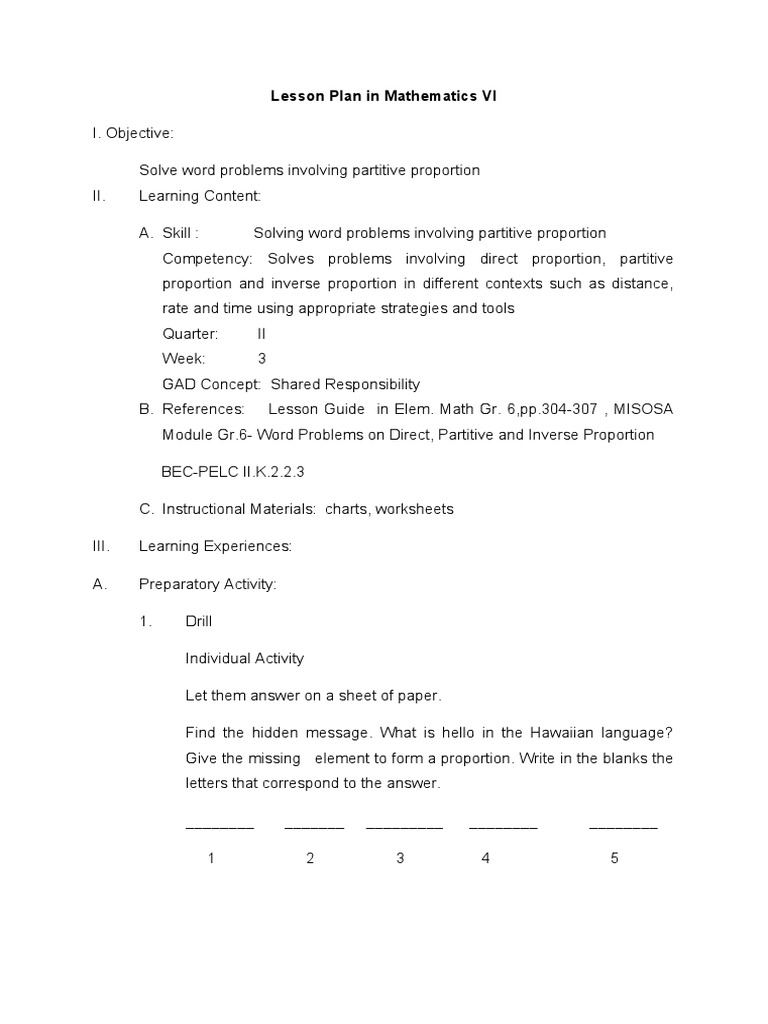 Lesson Plan in Mathematics VI - Proportion | PDF | Lesson Plan ...