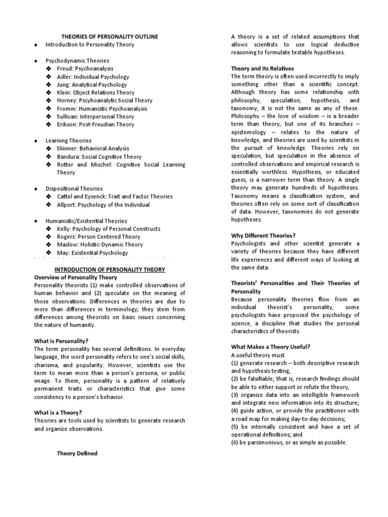 Theories of Personality Outline | PDF | Id | Sigmund Freud