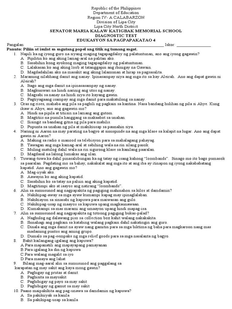 ESP 4 Diagnostic Test | PDF