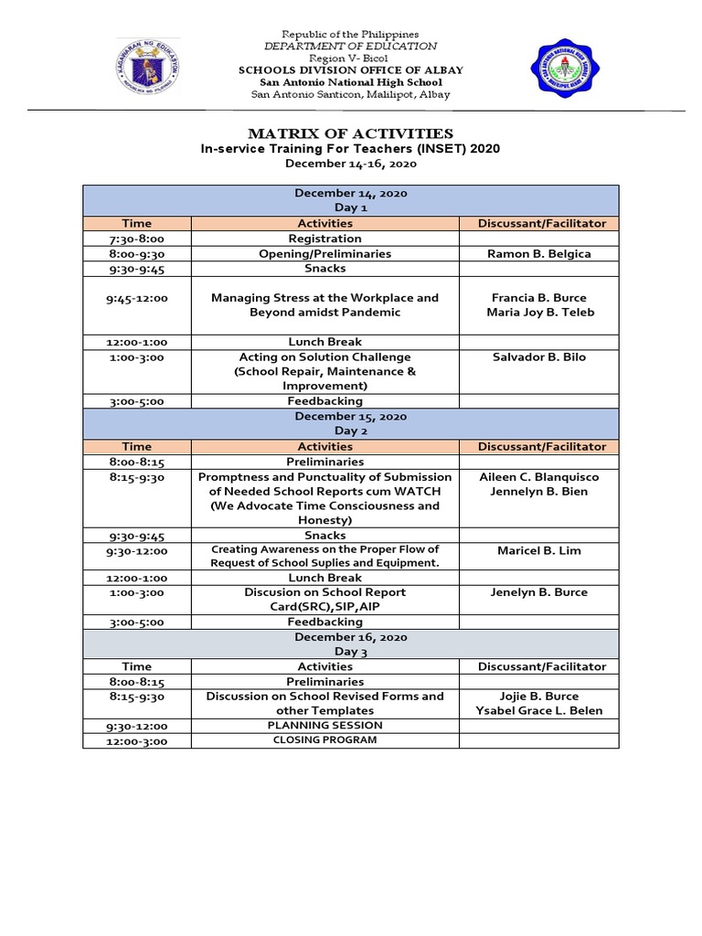 Matrix of Activities: Schools Division Office of Albay San Antonio ...