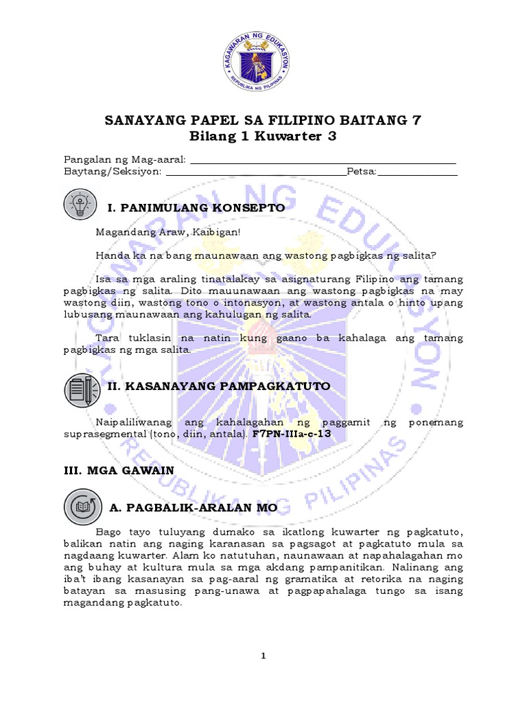 1 Sanayang Papel Sa Filipino 7 Blg.1 Qtr. 3 | PDF