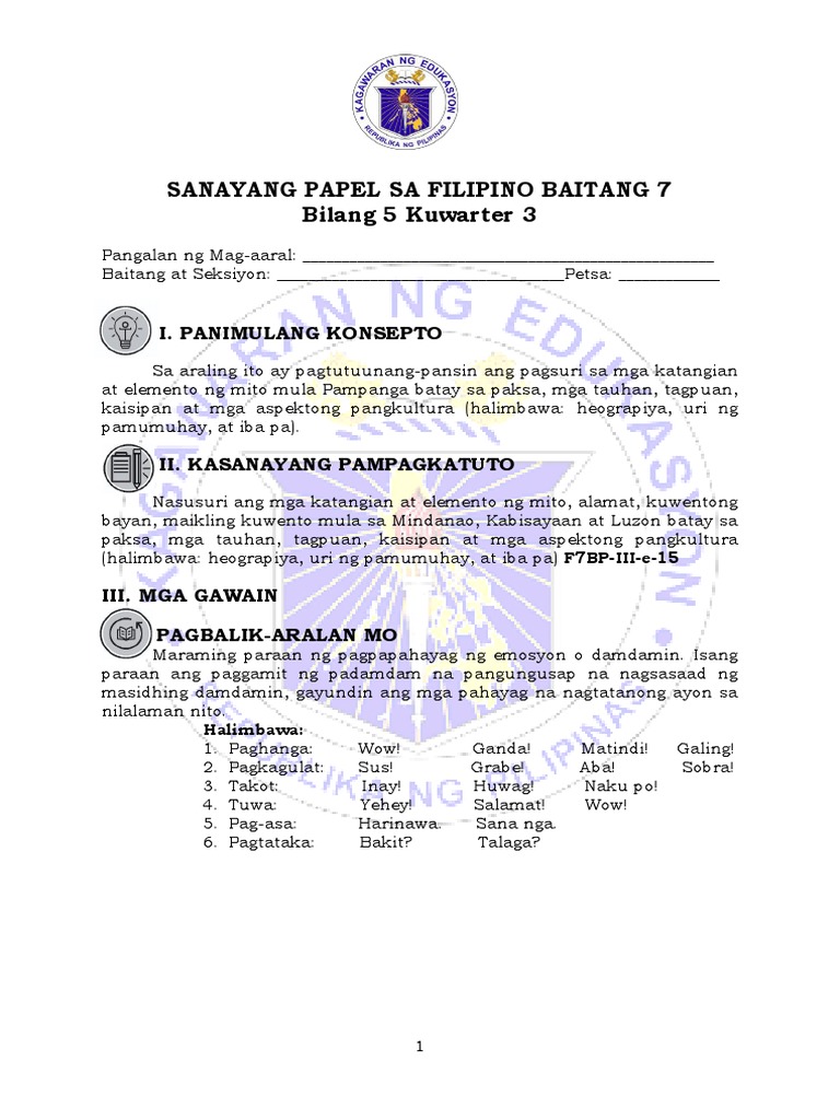 5 Sanayang Papel Sa Filipino 7 Blg.5 Qtr. 3 | PDF