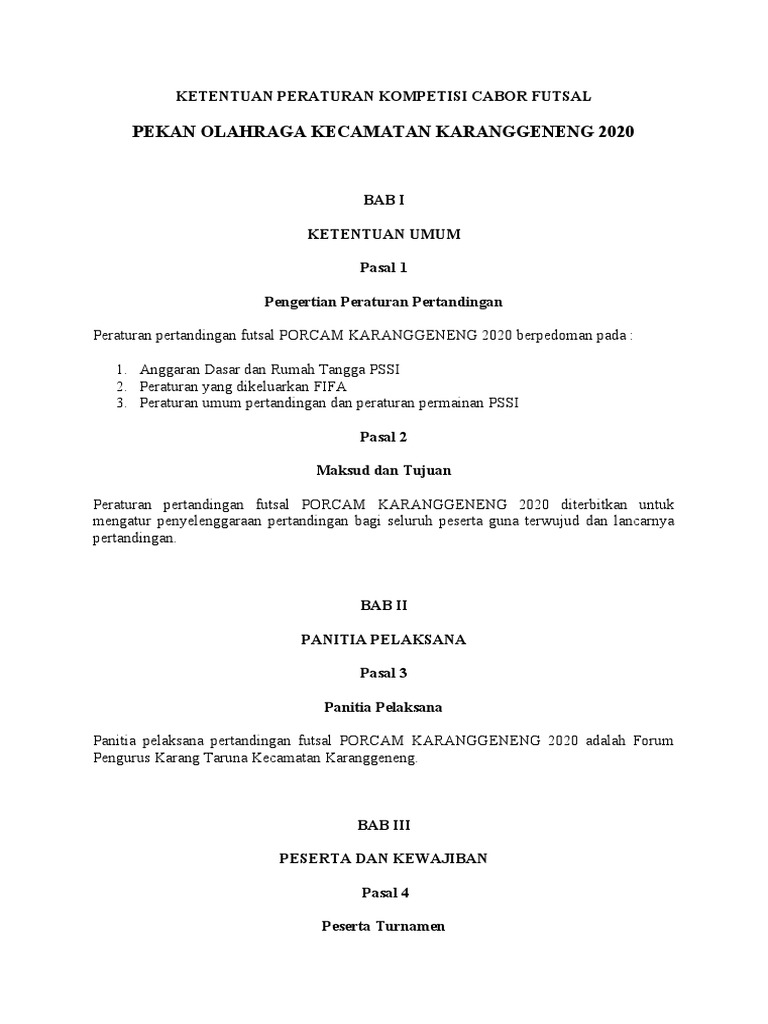 Aturan Futsal PORCAM Karanggeneng 2020 | PDF