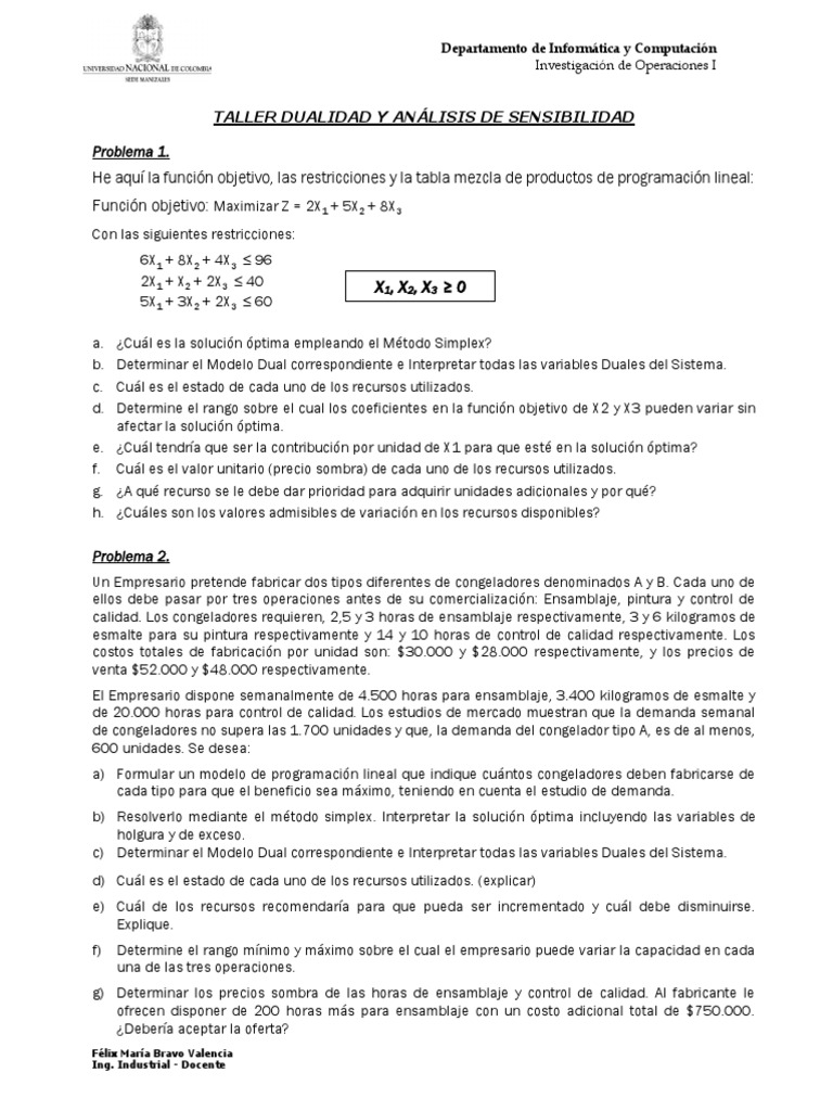 Taller Dualidad y Sensibilidad - 2020 | PDF | Programación lineal | La investigación de operaciones