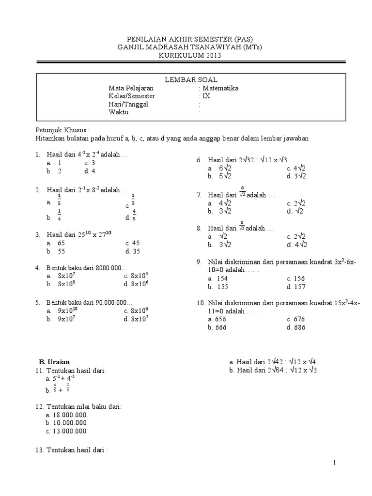 PENILAIAN AKHIR SEMESTER Kelas 9 | PDF