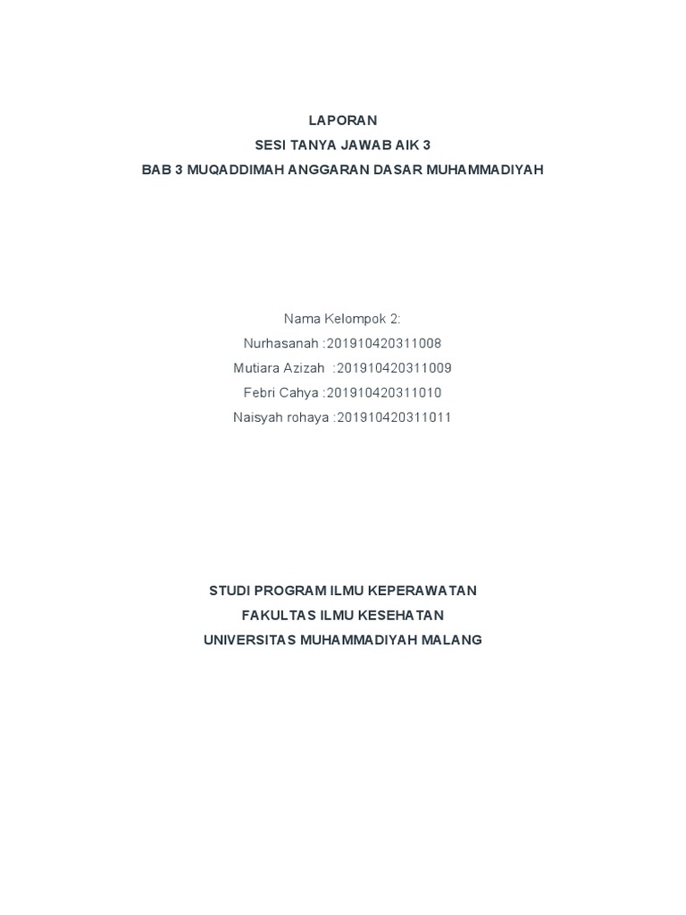 Laporan Sesi Tanya Jawab Aik 3 Bab 3 Muqaddimah Anggaran Dasar Muhammadiyah | PDF