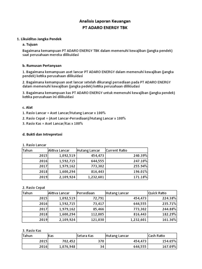 Analisis Laporan Keuangan PT Adaro Energy TBK: 1. Likuiditas Jangka Pendek A. Tujuan | PDF ...
