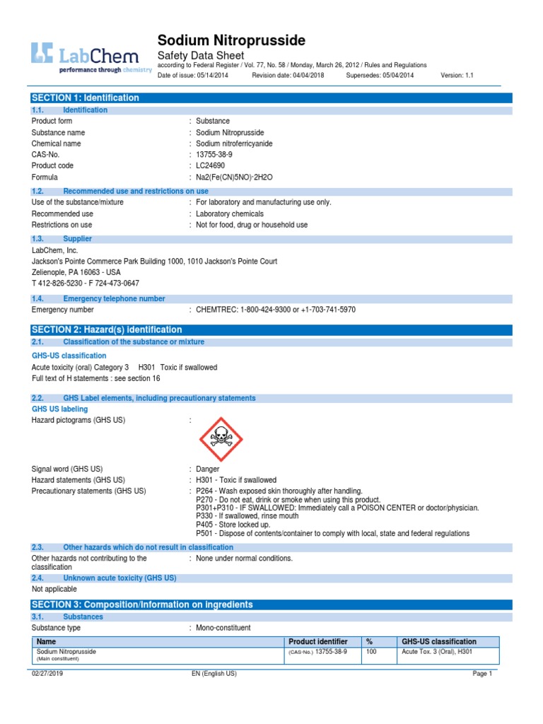 Sodium Nitroprusside: Safety Data Sheet | PDF | Firefighting | Toxicity