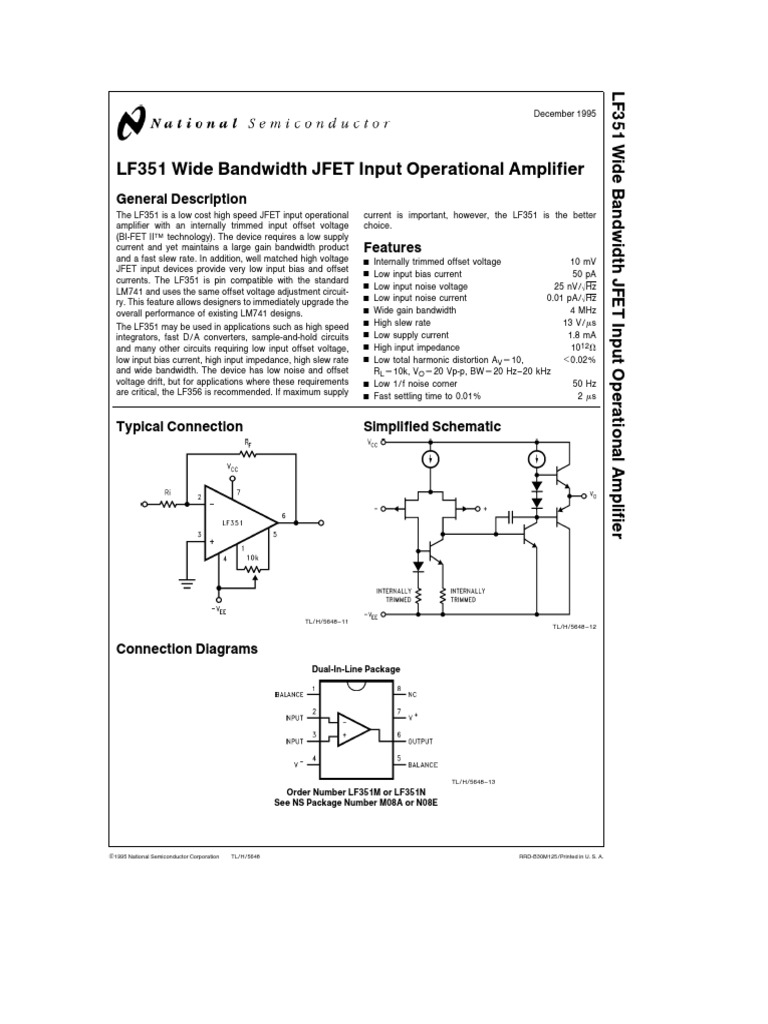 LF351 Wide Bandwidth JFET Input Operational Amplifier: General ...