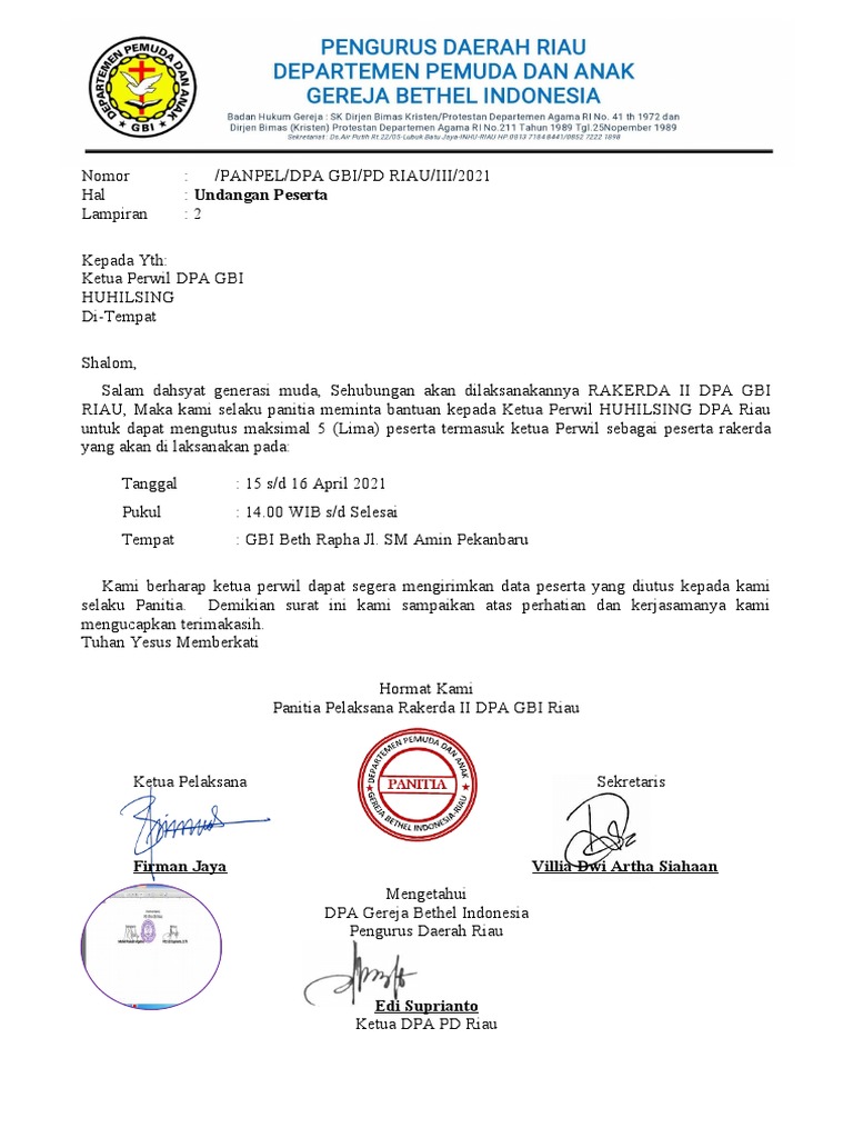 Undangan Rakerda II DPA GBI Riau | PDF