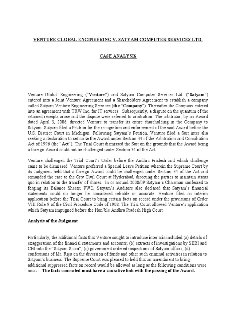 Venture Global Engineering V. Satyam Computer Services LTD | PDF | Arbitration | Lawsuit