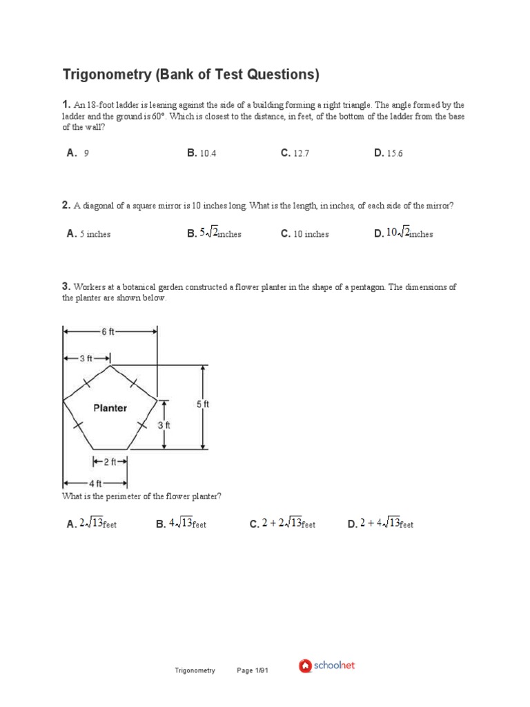 Trigonometry Test Questions Collection | PDF | Triangle | Sine